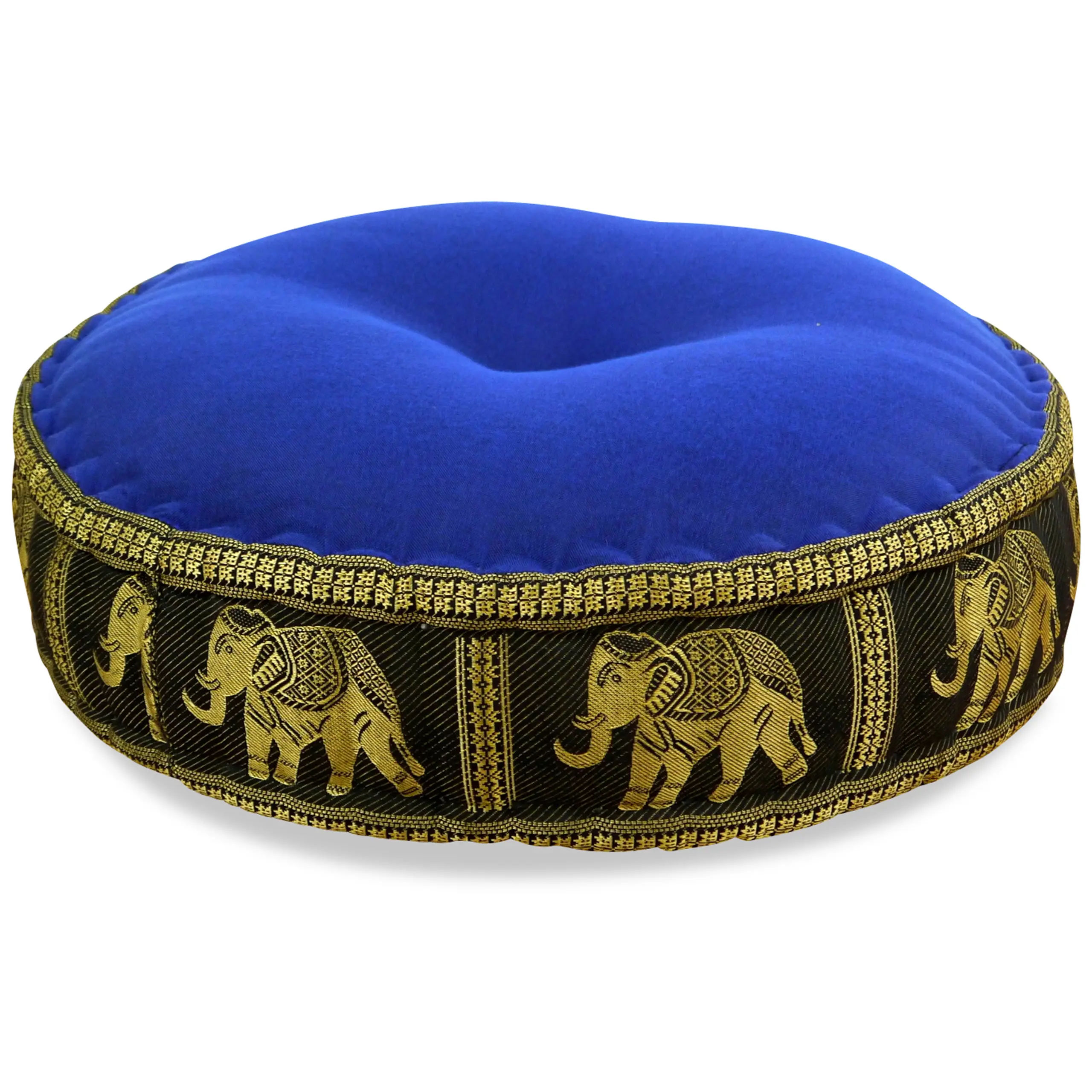 Zafu grande taille en kapok, Deluxe | Bleu/Noir/Éléphants Soie | 1031062939
