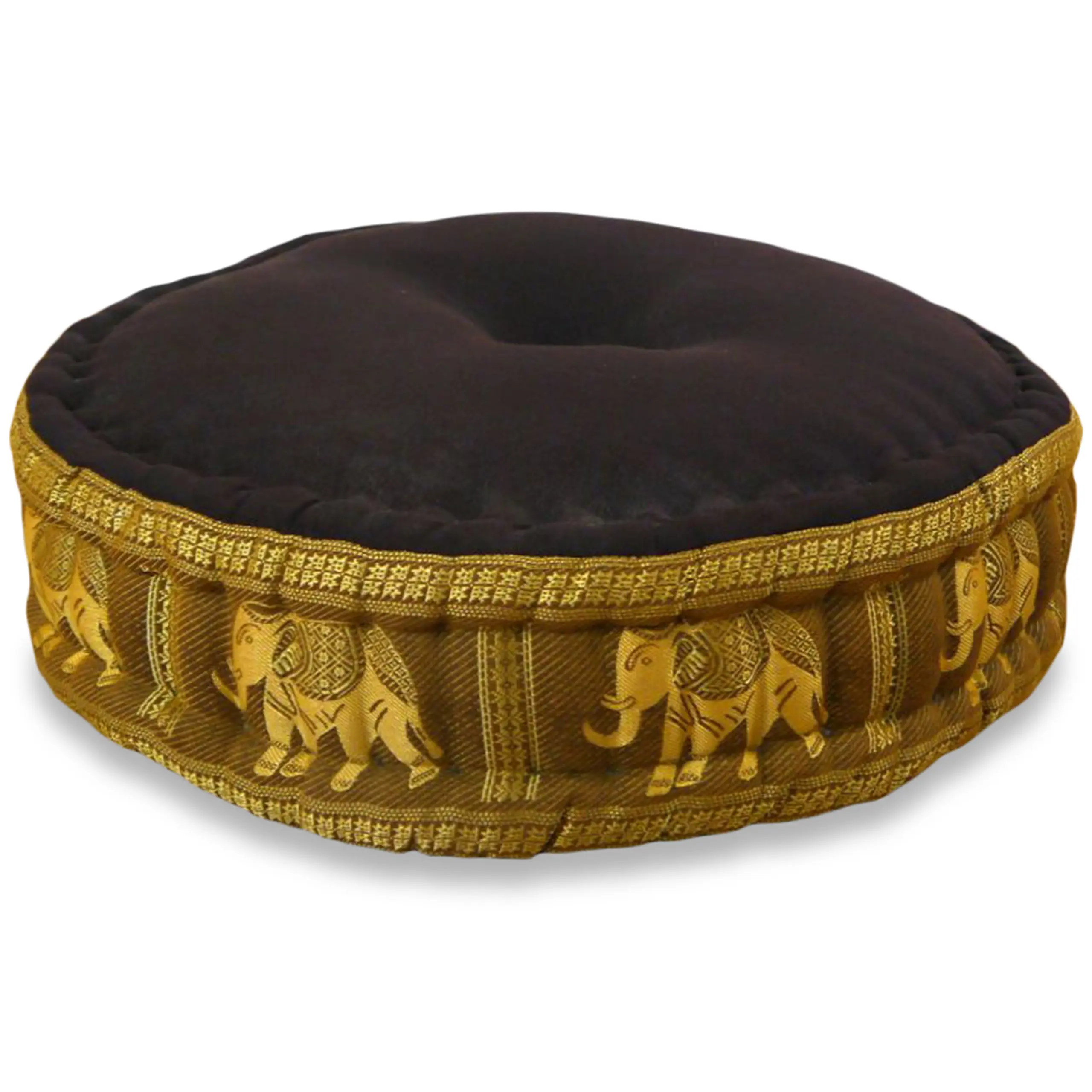 Zafu grande taille en kapok, Deluxe | Marron/Doré/Éléphants Soie ...